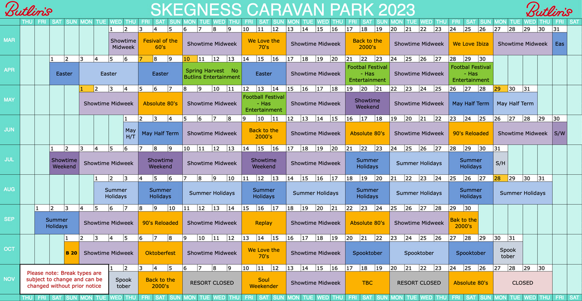 Entertainment Dates, Butlins Skegness Themed Breaks 2023